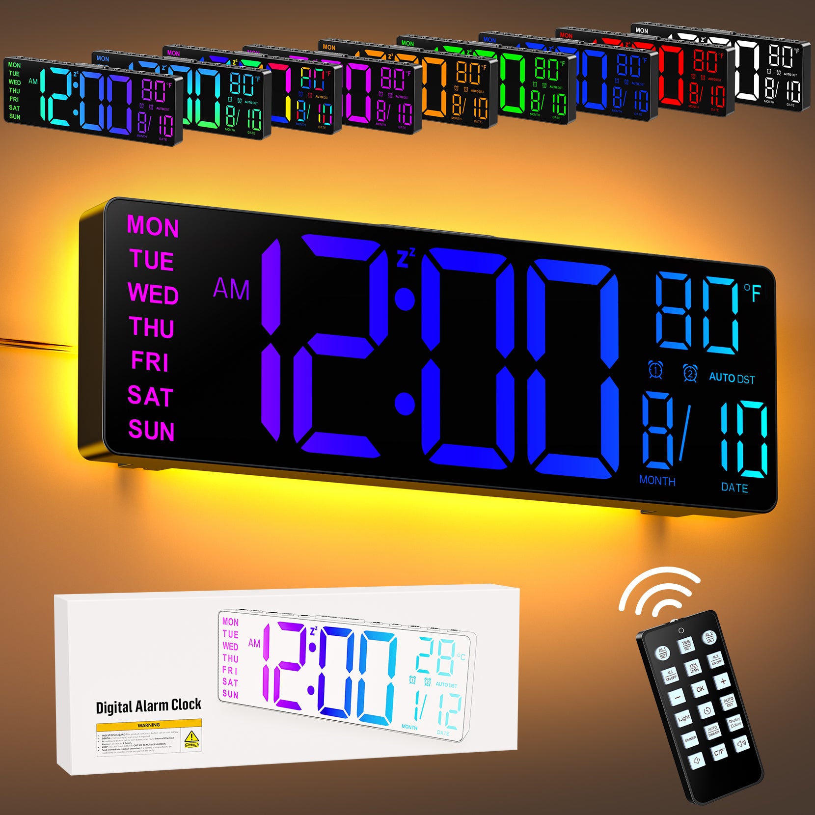 Mpow 10.5" Digital Wall Clock Large Display, with Remote Control, Dual ...