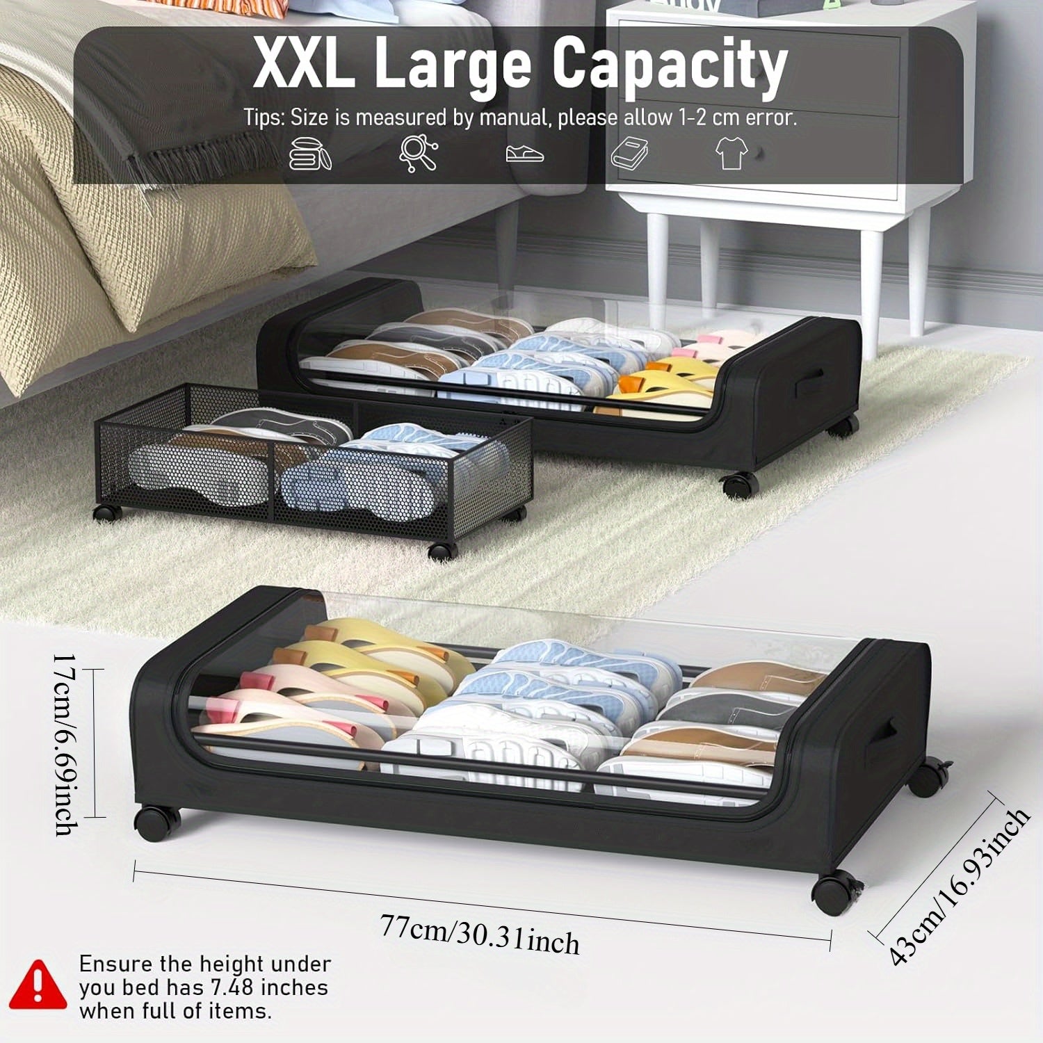 Underbed Storage Box with 360° Swiveling Wheels, Oxford Fabric + Metal ...