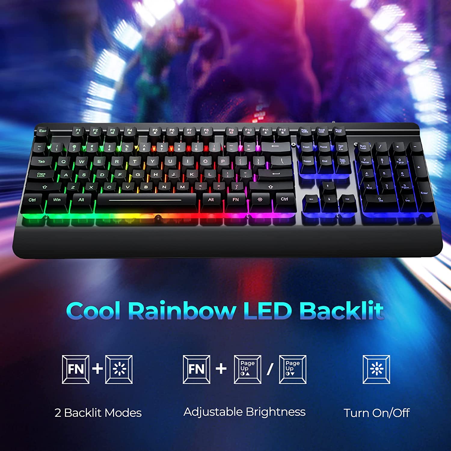 Metal Gaming Keyboard, Rainbow LED Backlit Silent Keyboard with Wrist ...